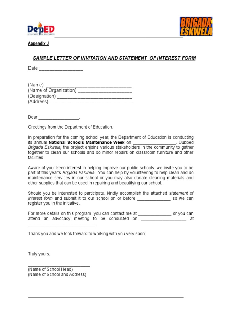 Sample Letter of Invitation and Statement of Interest Form: Appendix J ...