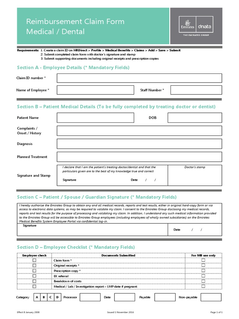 Medical Dental Reimbursement Claim Form | PDF | Medical Record | Medicine