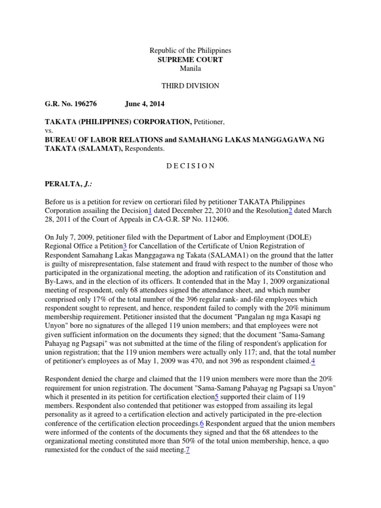 Takata vs. Bureau of Labor Relations Case | PDF | Certiorari | Ratification