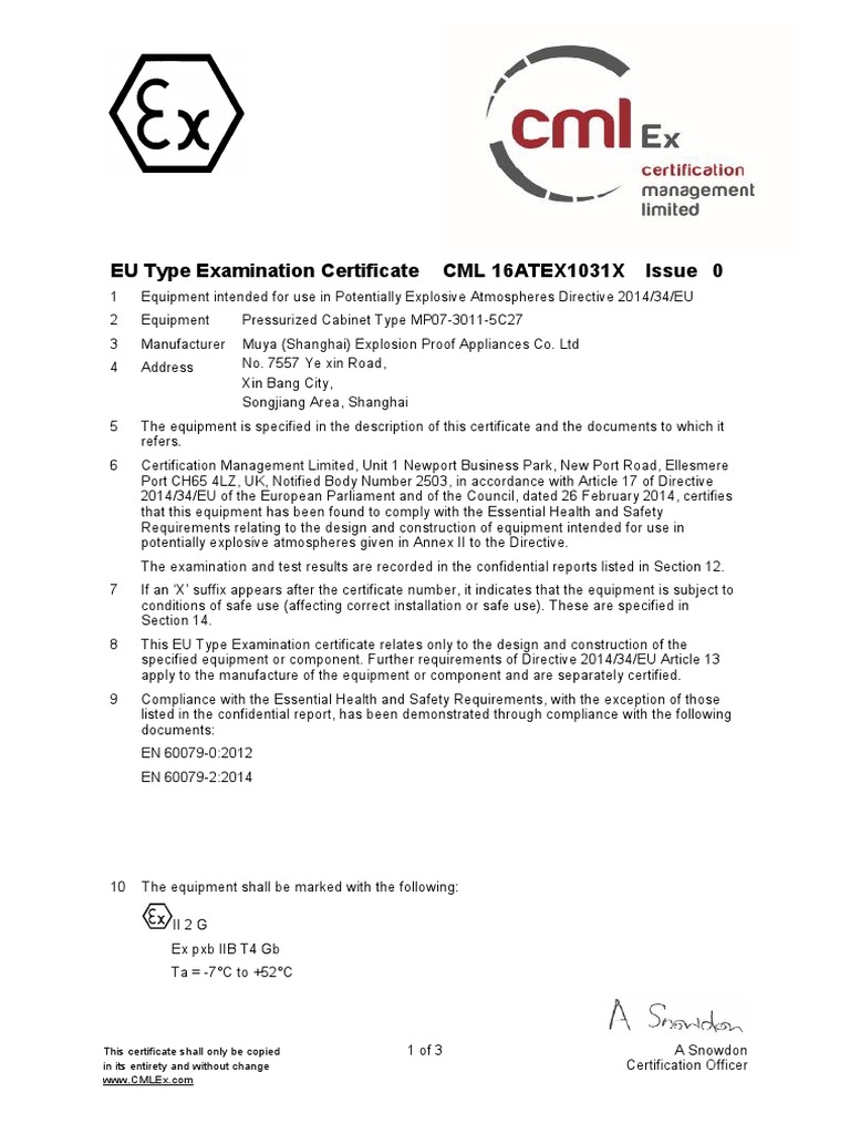 ATEX Certificate of Pressurized Cabinet - Sample | PDF | Engineering ...