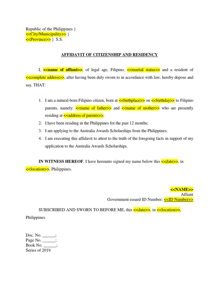 Sample Affidavit of Residency and Citizenship - Template | PDF