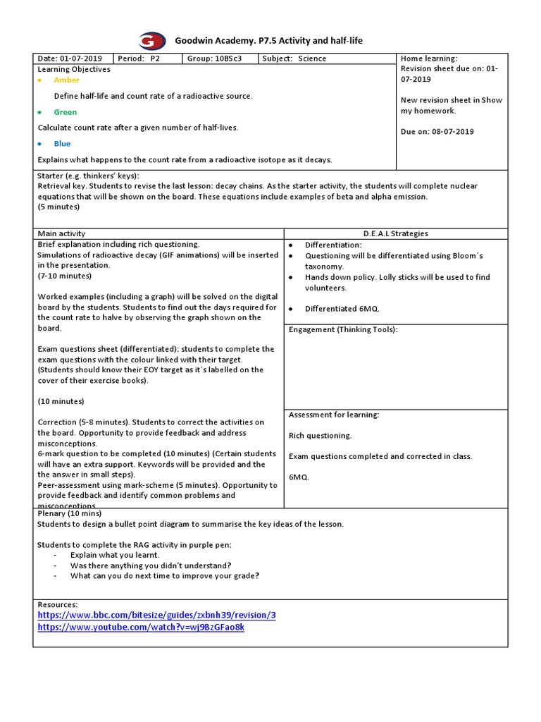 GA. Lesson Plan. 7.5 Activity and Half-Life | PDF | Radioactive Decay ...