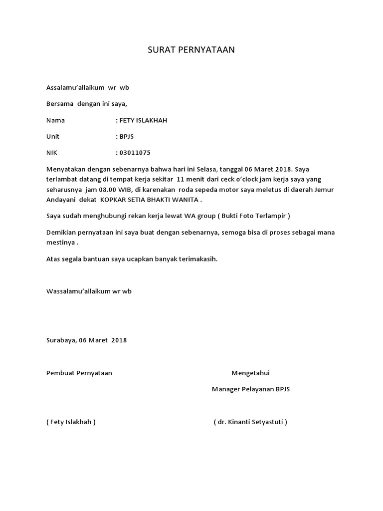 Surat Pernyataan Terlambat Datang | PDF | Karier & Perkembangan