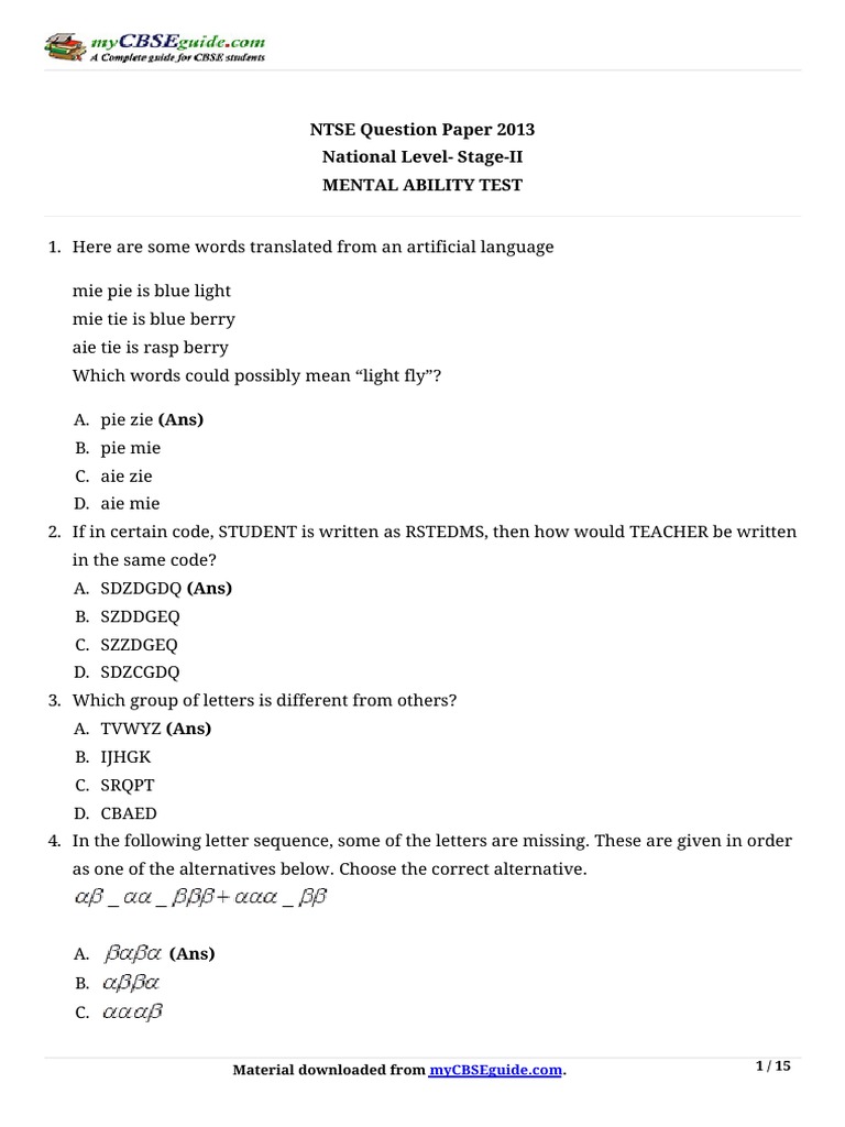 NTSE Question Paper 2013 National Level-Stage-II Mental Ability Test ...