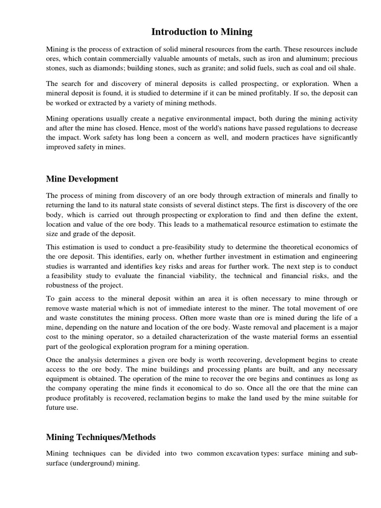 Introduction To Mining | PDF | Mining | Surface Mining