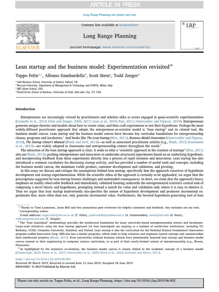 Lean Startup and The Business Model: Experimentation Revisited | PDF ...