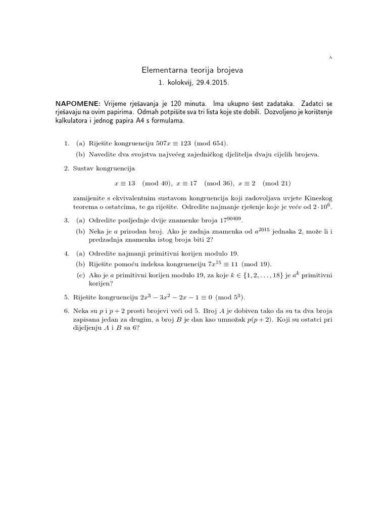 Elementarna Teorija Brojeva, Kolokvij 1. Zadaci I Rješenja (2015) | PDF