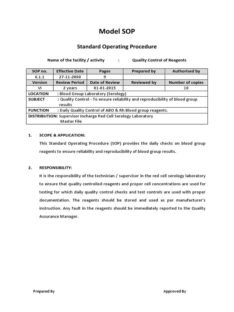 Quality Control SOP for Blood Group Reagents | PDF | Blood Type | Blood ...