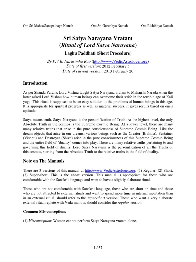 Sri Satya Narayana Vratam (Ritual of Lord Satya Narayana) : Laghu Paddhati (Short Procedure ...