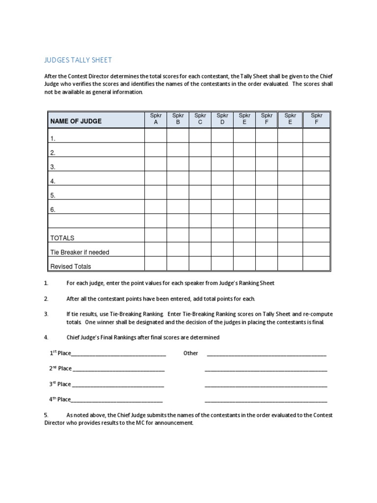 Speech Contest Judge Tally Sheet | PDF