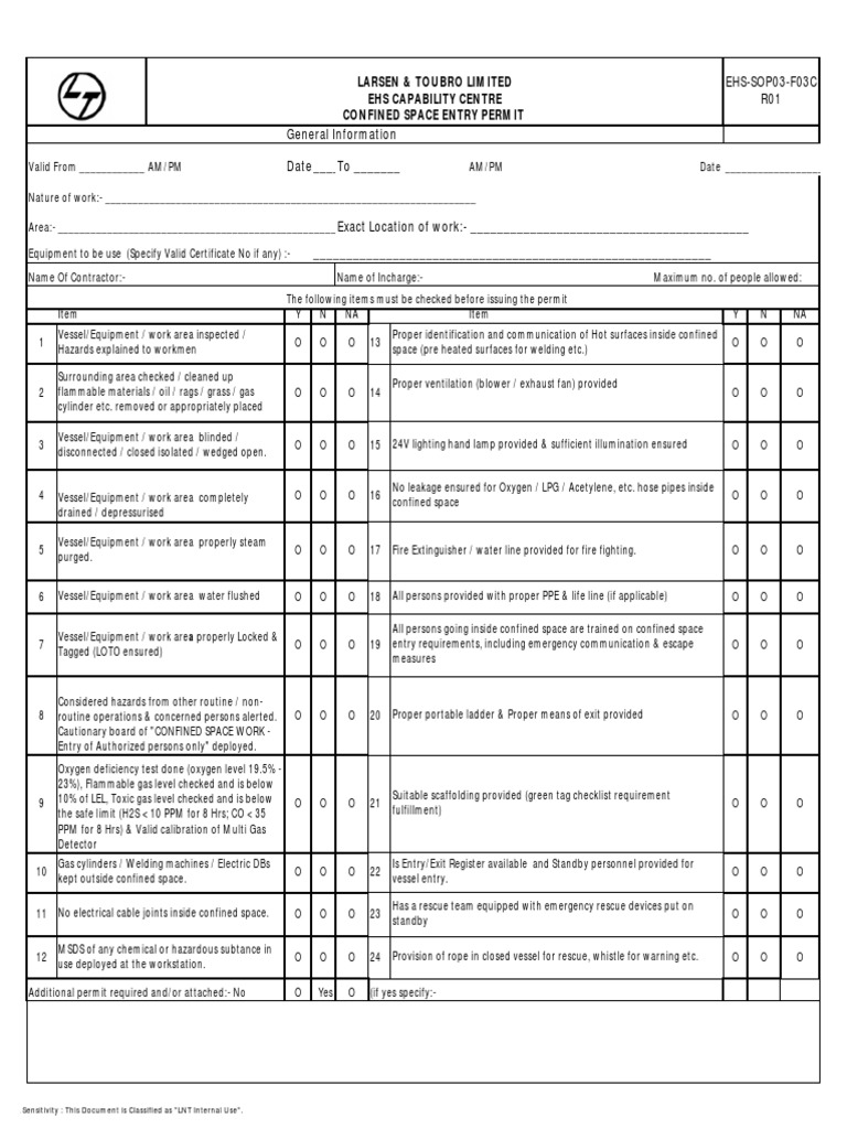 EHS-SOP03-F03C R01: Larsen & Toubro Limited Ehs Capability Centre Confined Space Entry Permit ...