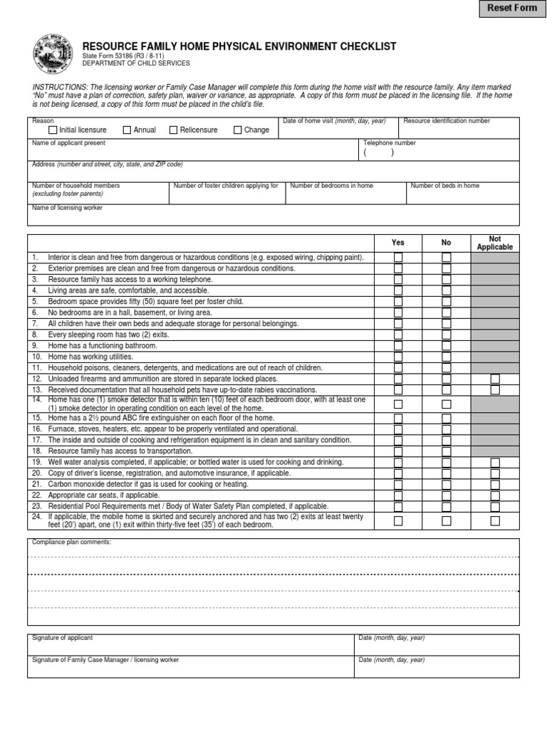Resource Family Home Physical Environment Checklist: (Excluding Foster ...
