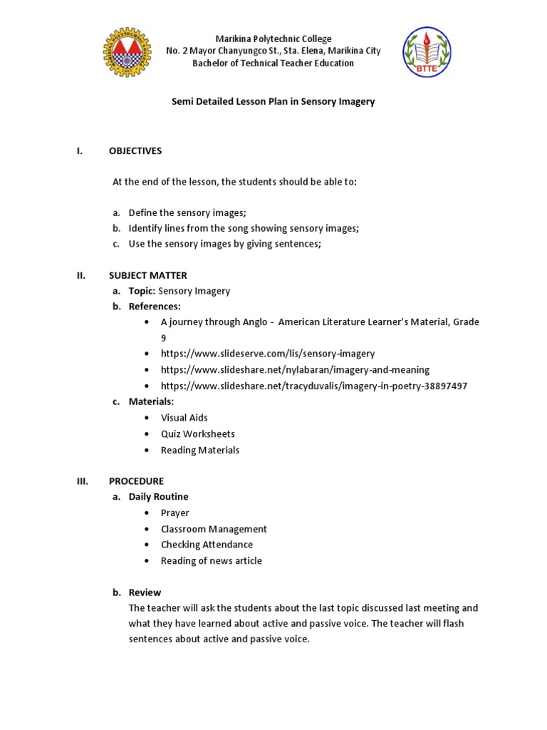 Grade 9 Sensory Imagery Lesson Plan | PDF | Senses | Lesson Plan