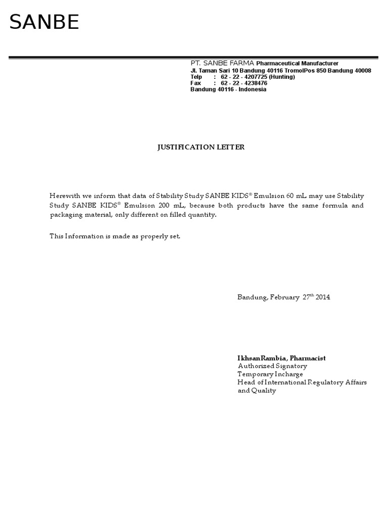 Justification Letter Stability 60 ML | PDF | Pharmacology | Pharmacy