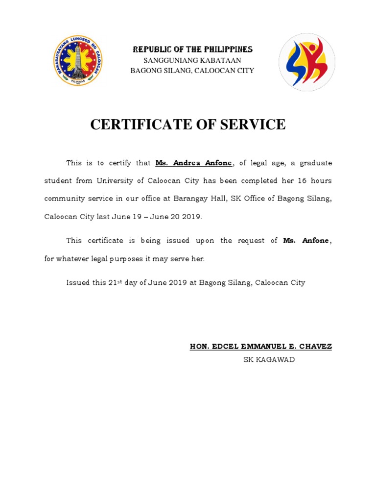 Certificate of Community Service Completion: Andrea Anfone's 16 Hour ...