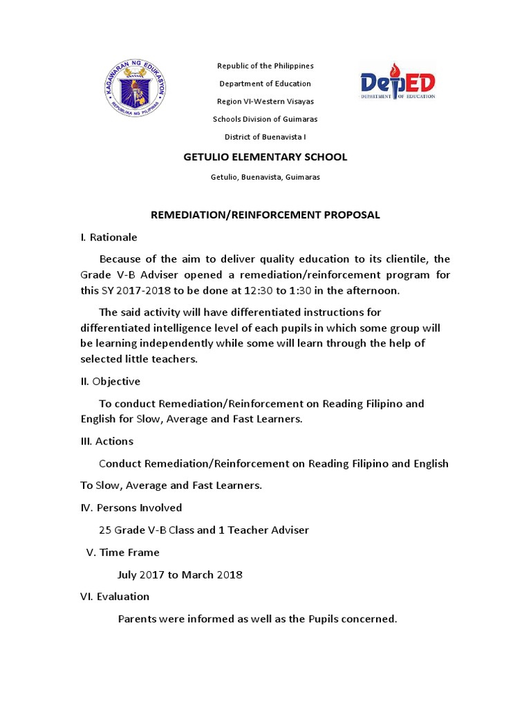 Remediation Proposal for Grade V-B Students | PDF