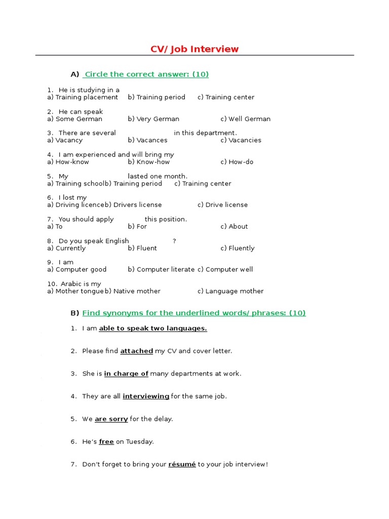 CV Job Interview Vocabulary Exercises | PDF | Résumé | Driver's License