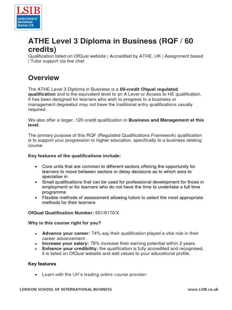 ATHE Level 3 Diploma in Business (RQF / 60 Credits) | PDF | Diploma ...