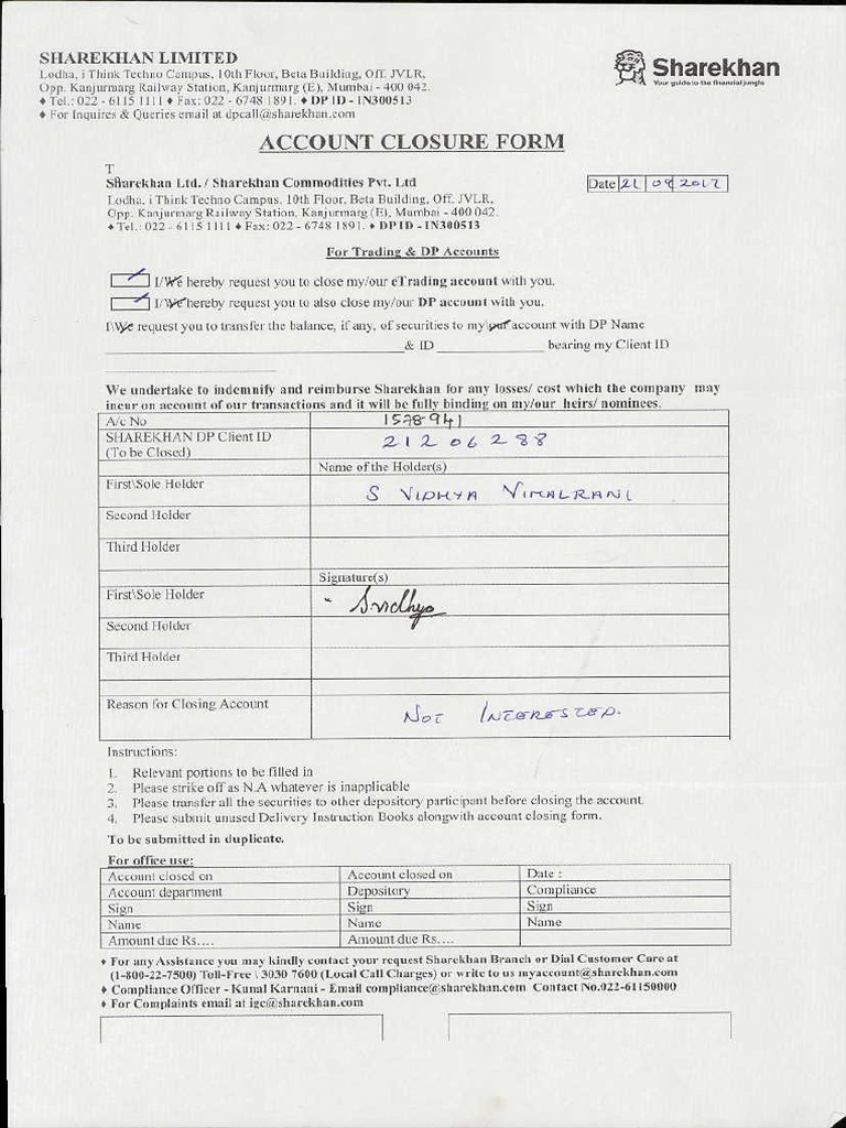 Sharekhan Account Closure Instructions | PDF