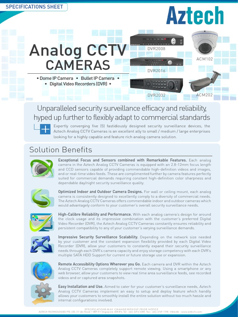 Aztech Analog CCTV Cameras Product Specifications | PDF | Video | Digital Video Recorder