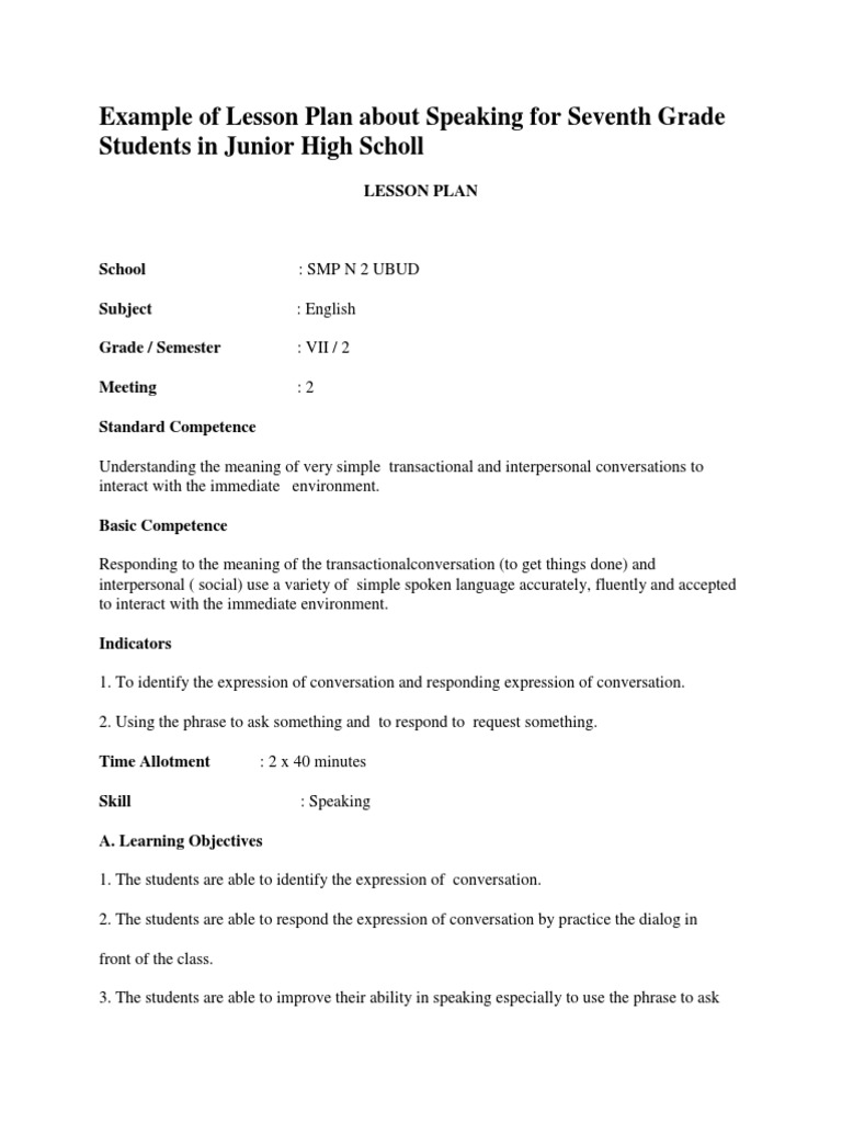 Example of Lesson Plan About Speaking For Seventh Grade Students in ...