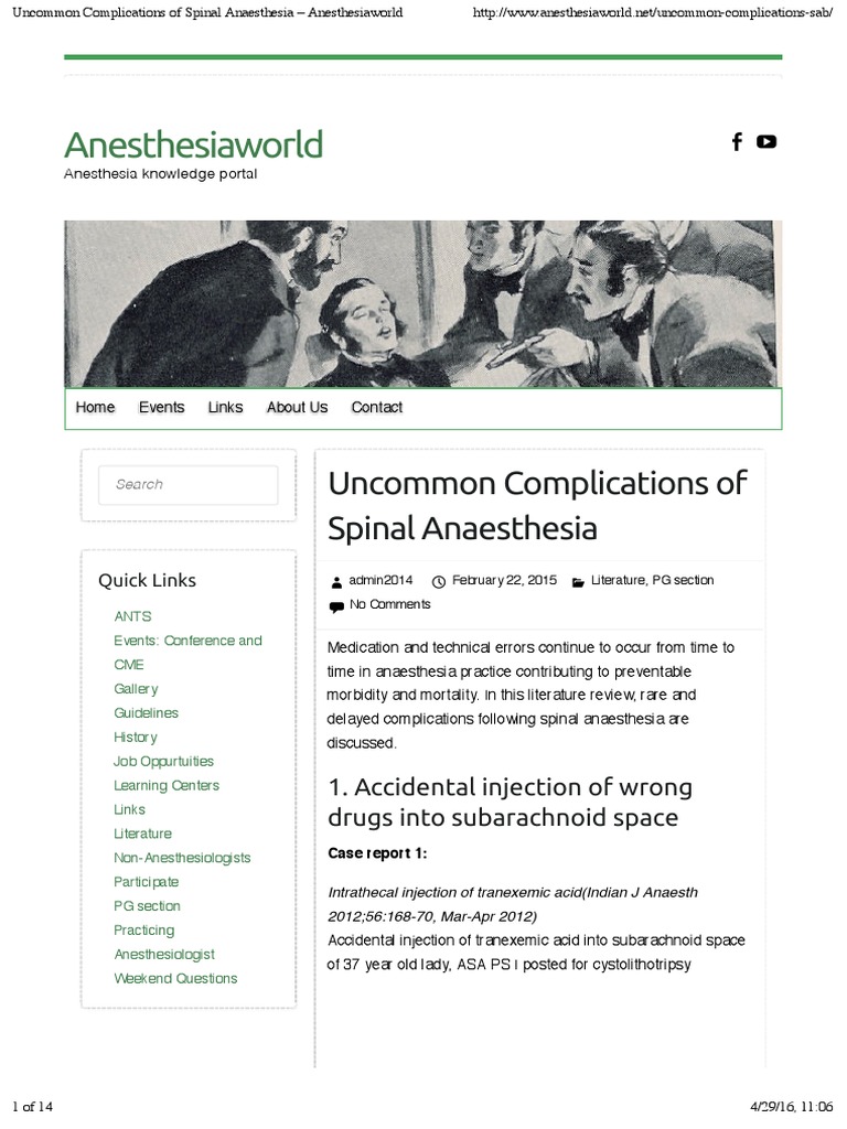 Uncommon Complications of Spinal Anaesthesia - Anesthesiaworld | PDF | Anesthesia | Cardiac Arrest