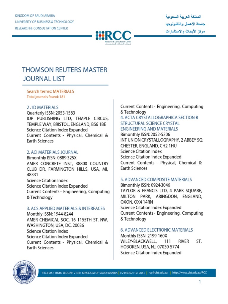 Thomson Reuters Master Journal List: Search Terms: MATERIALS | PDF ...