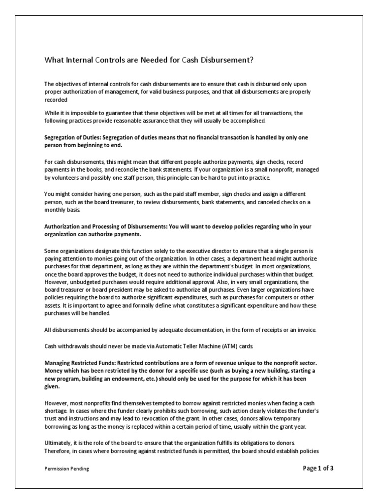 HANDOUT 3 Cash Internal Controls For Cash Disbursment Checklist | PDF ...