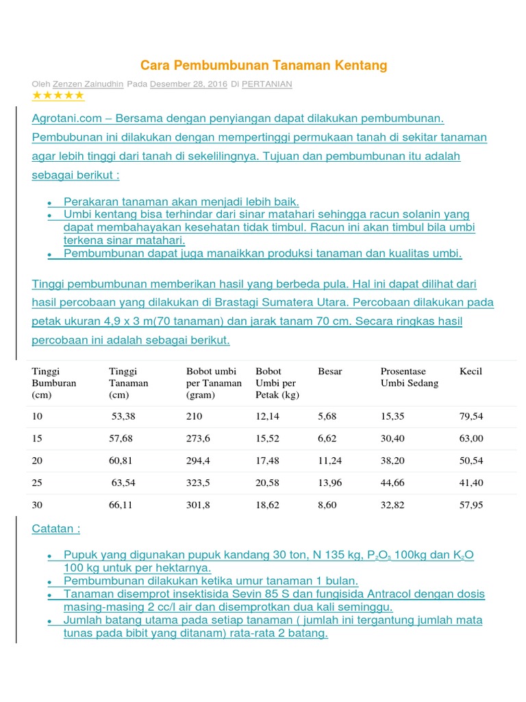 Cara Pembumbunan Tanaman Kentang | PDF