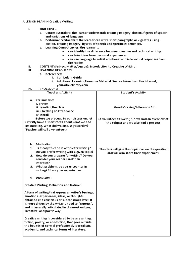 Creative Writing Lesson Plan for Grade 11 | PDF | Creative Writing ...