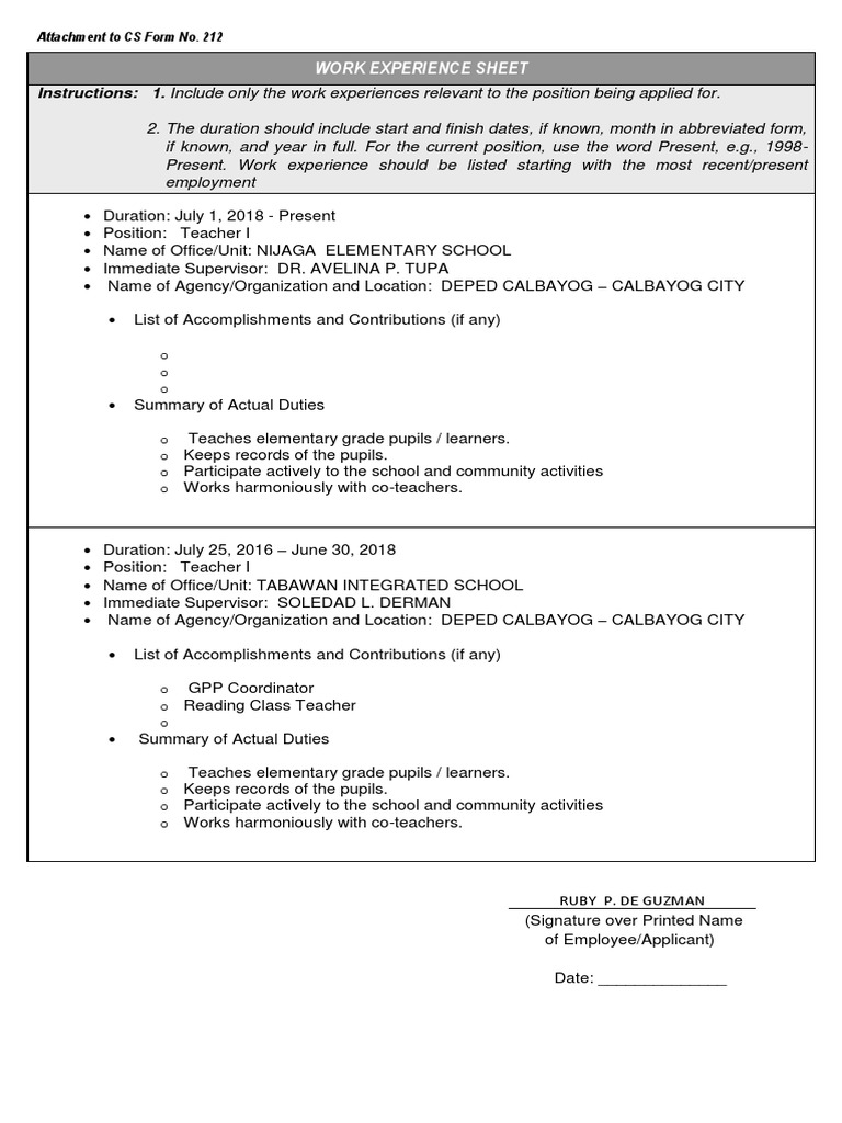 Ruby De Guzman's Work Experience Sheet | PDF | Learning | Behavior ...