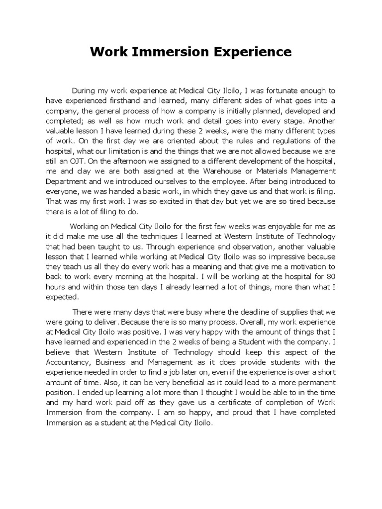 Work Immersion Experience | PDF | Behavioural Sciences | Applied Psychology