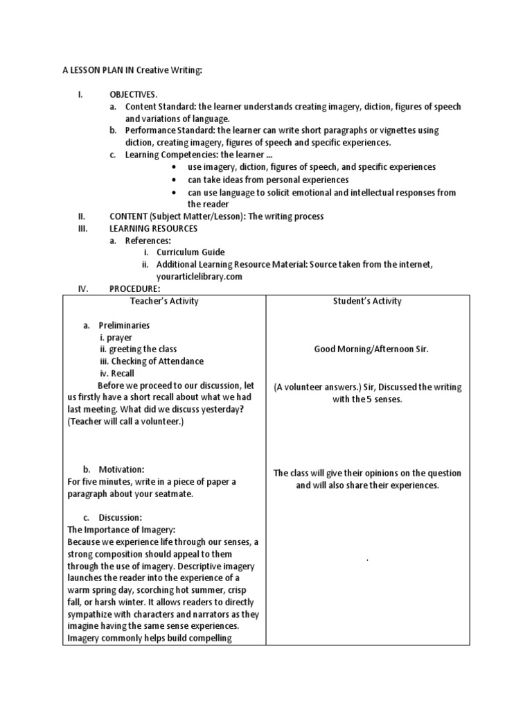 A Lesson Plan in Imagery 2 | PDF | Lesson Plan | Learning