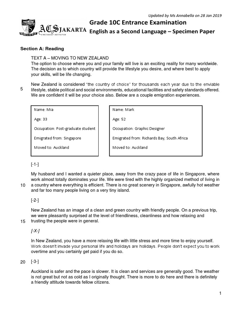 Grade 10C English Entrance Exam Specimen Paper - Feb 19 PDF | PDF ...