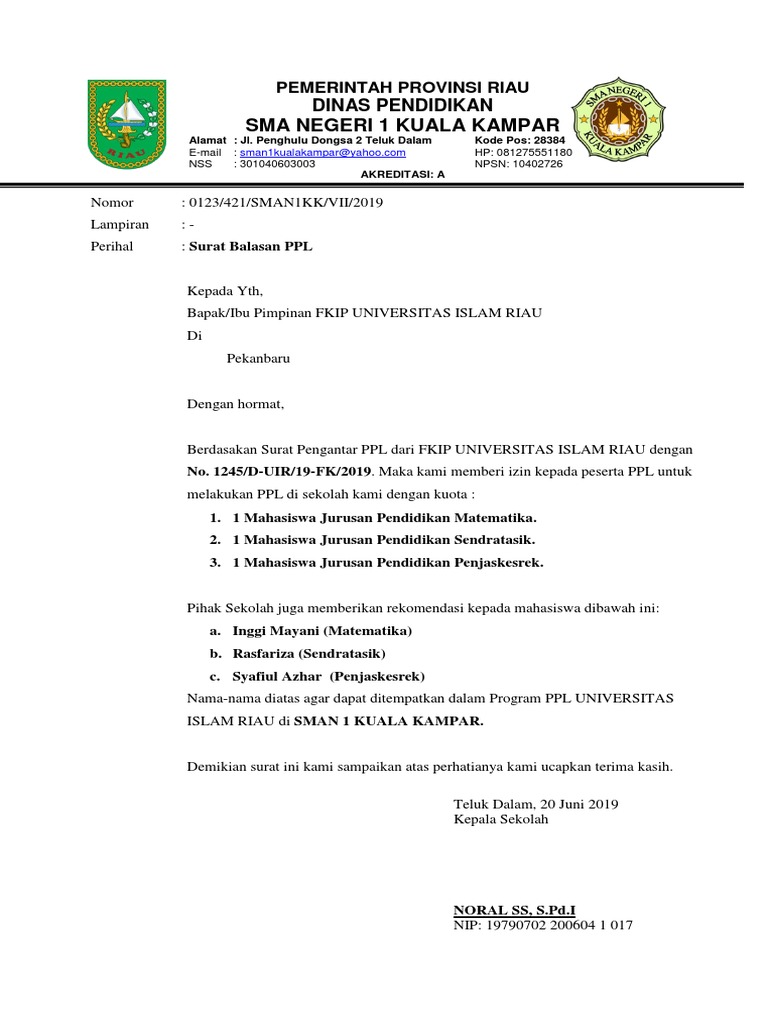 Contoh Surat Balasan PPL | PDF