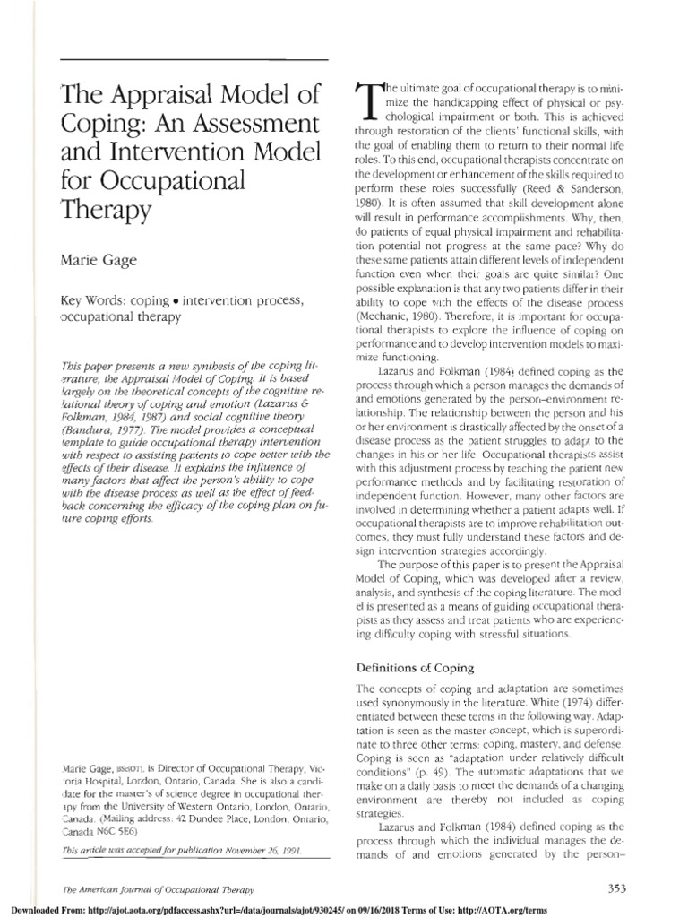'The Appraisal Model of Coping: Assessment and Intervention Model For ...