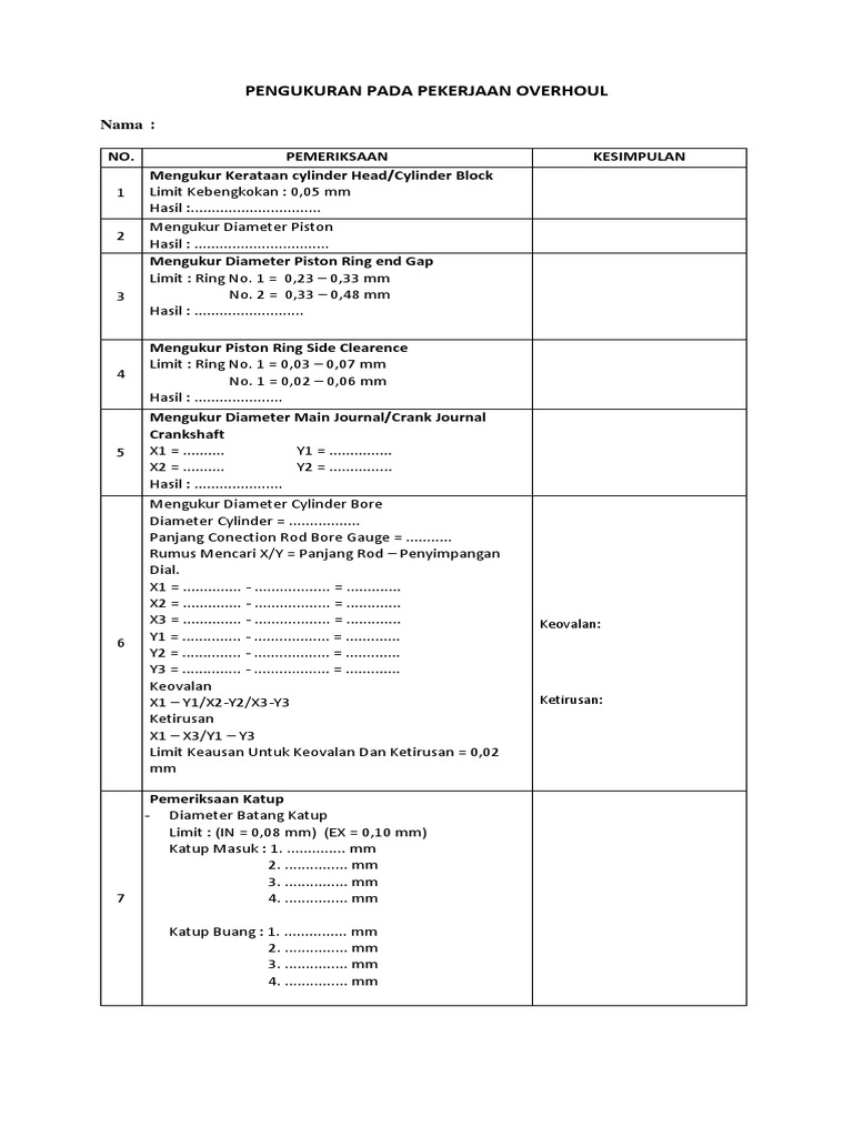 Measurement Report for Engine Overhaul Work | PDF