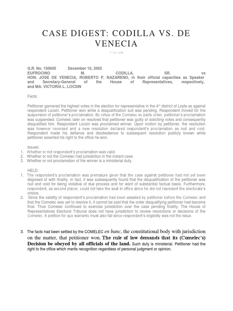 Codilla Vs de Venecia CASE DIGEST 2002 | PDF | Commission On Elections ...