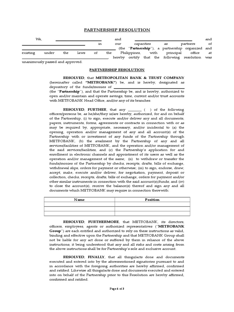 Partnership Resolution for Bank Account Opening | PDF | Partnership ...