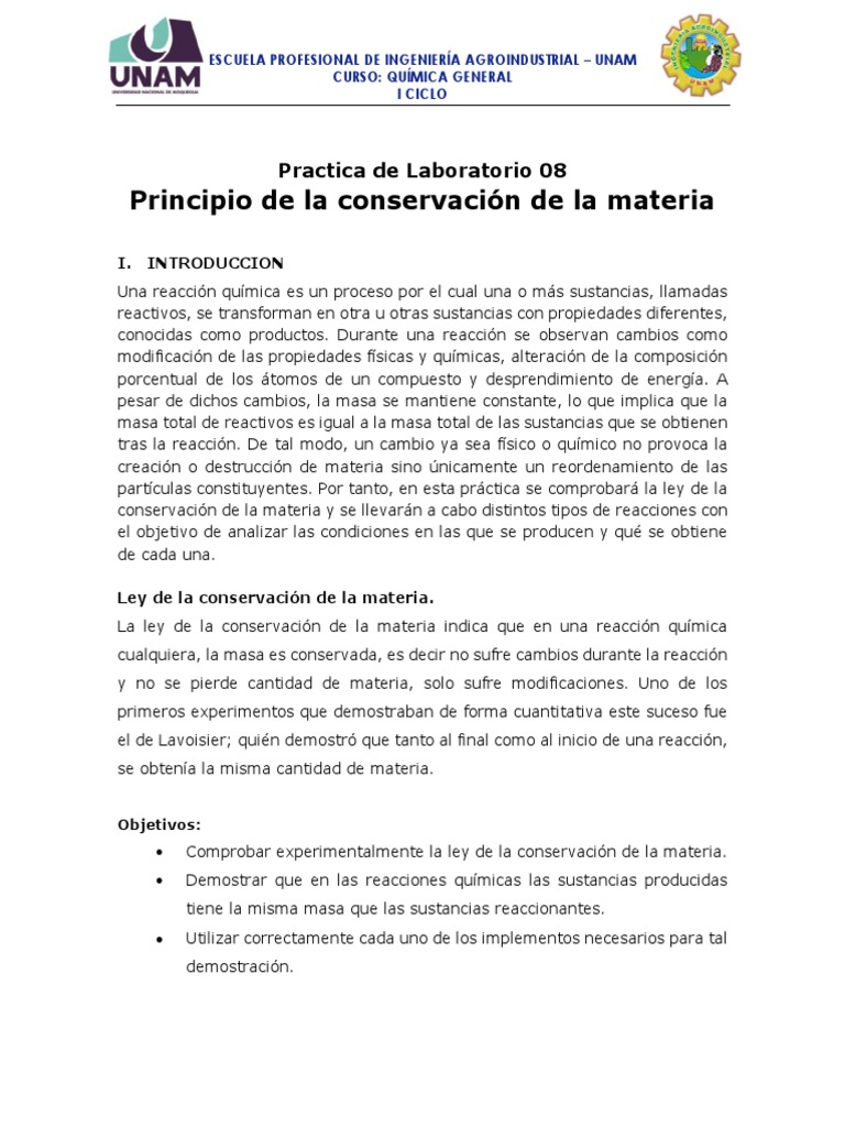 Practica 8. PRINCIPIO DE LA CONSERVACIÓN DE LA MATERIA-1 | PDF ...