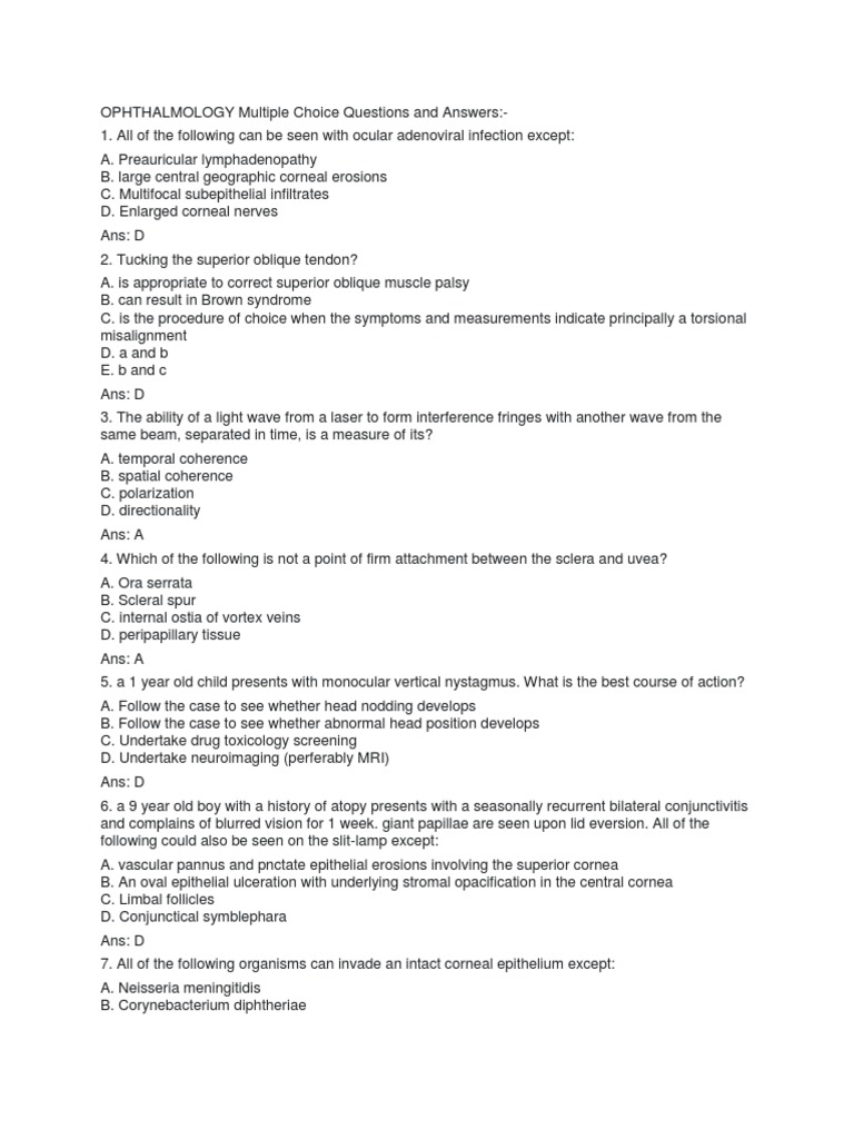 Ophthalmology MCQs for Medical Students | PDF | Cataract | Glaucoma
