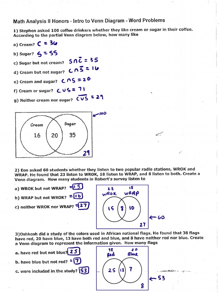 Venn Diagram Word Problem Solutions | PDF