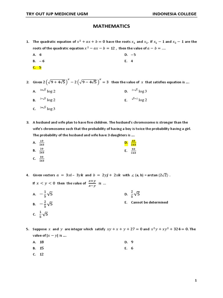 Soal Latihan IUP Med Math | PDF | Perpendicular | Space