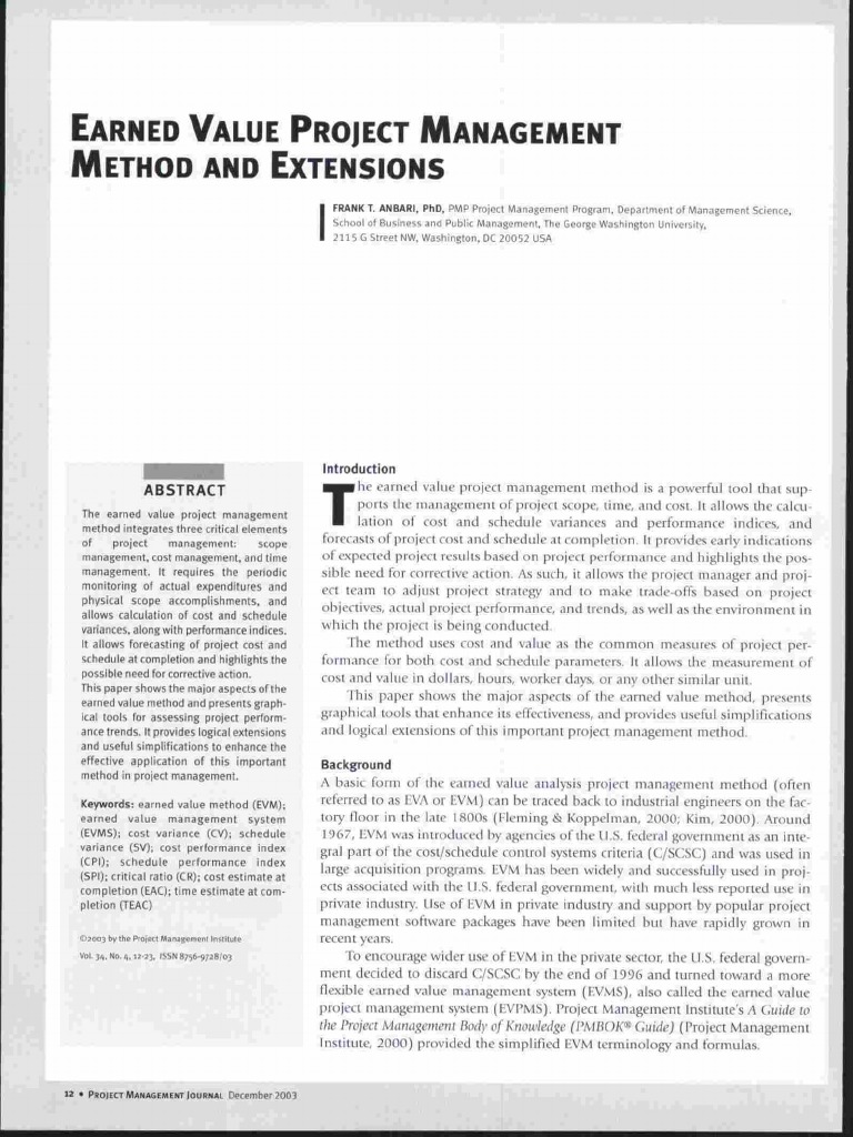 Anbari, Earned Value Project Management Method and Extensions PDF | PDF