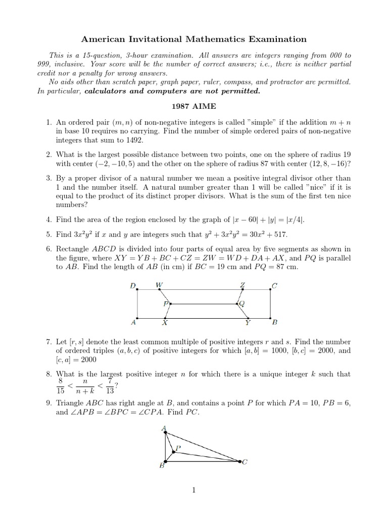 American Invitational Mathematics Examination | PDF | Integer | Area