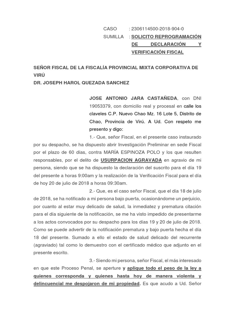 Solicito Reprogramacion de Declaracion y Verificacion Fiscal. Alex Jara | PDF | Gobierno | Justicia