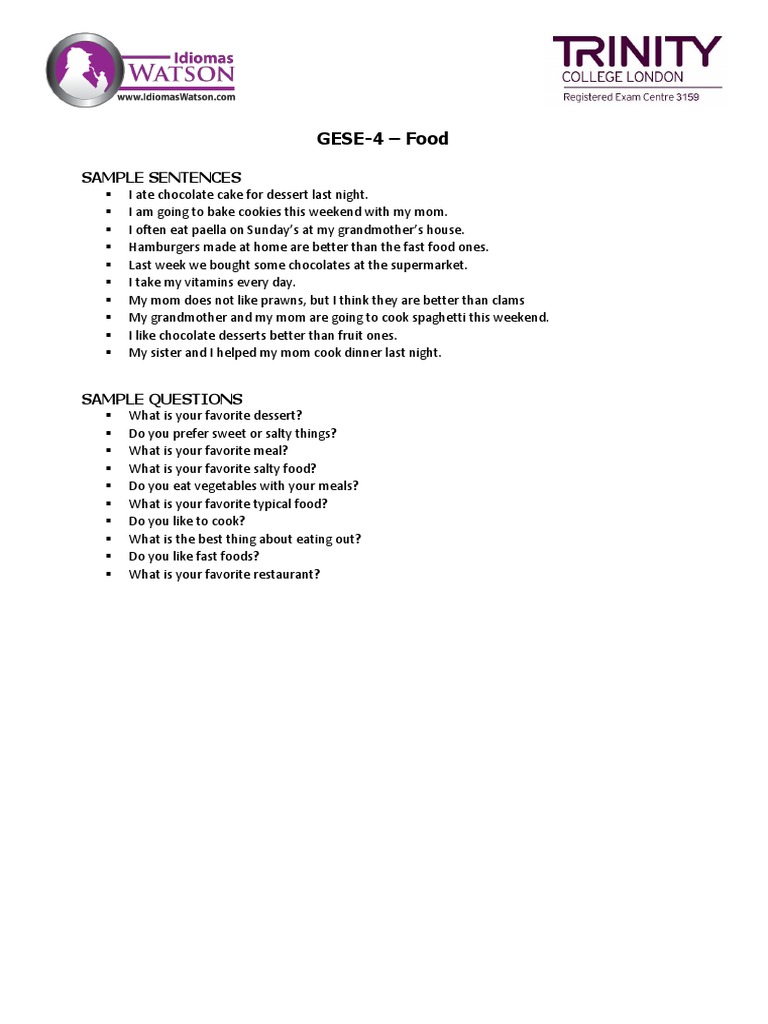 GESE-4 - Food: Sample Sentences | PDF | Desserts | Hamburgers