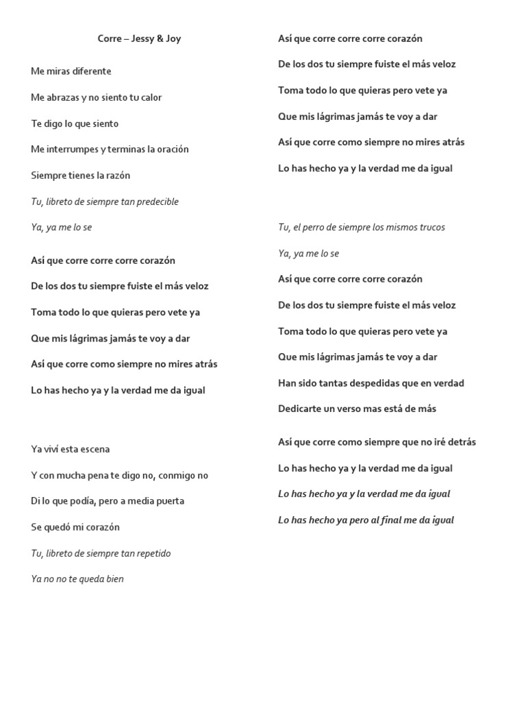 Corre - Jessy y Joy (Letra) | PDF