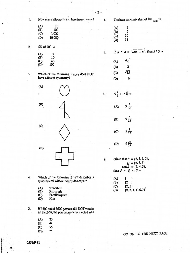 CSEC June 1991 Mathematics P1 | PDF | Rectangle | Elementary Geometry