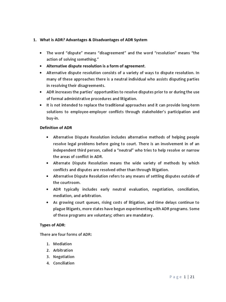 What Is ADR? Advantages & Disadvantages of ADR System | PDF | Alternative Dispute Resolution ...